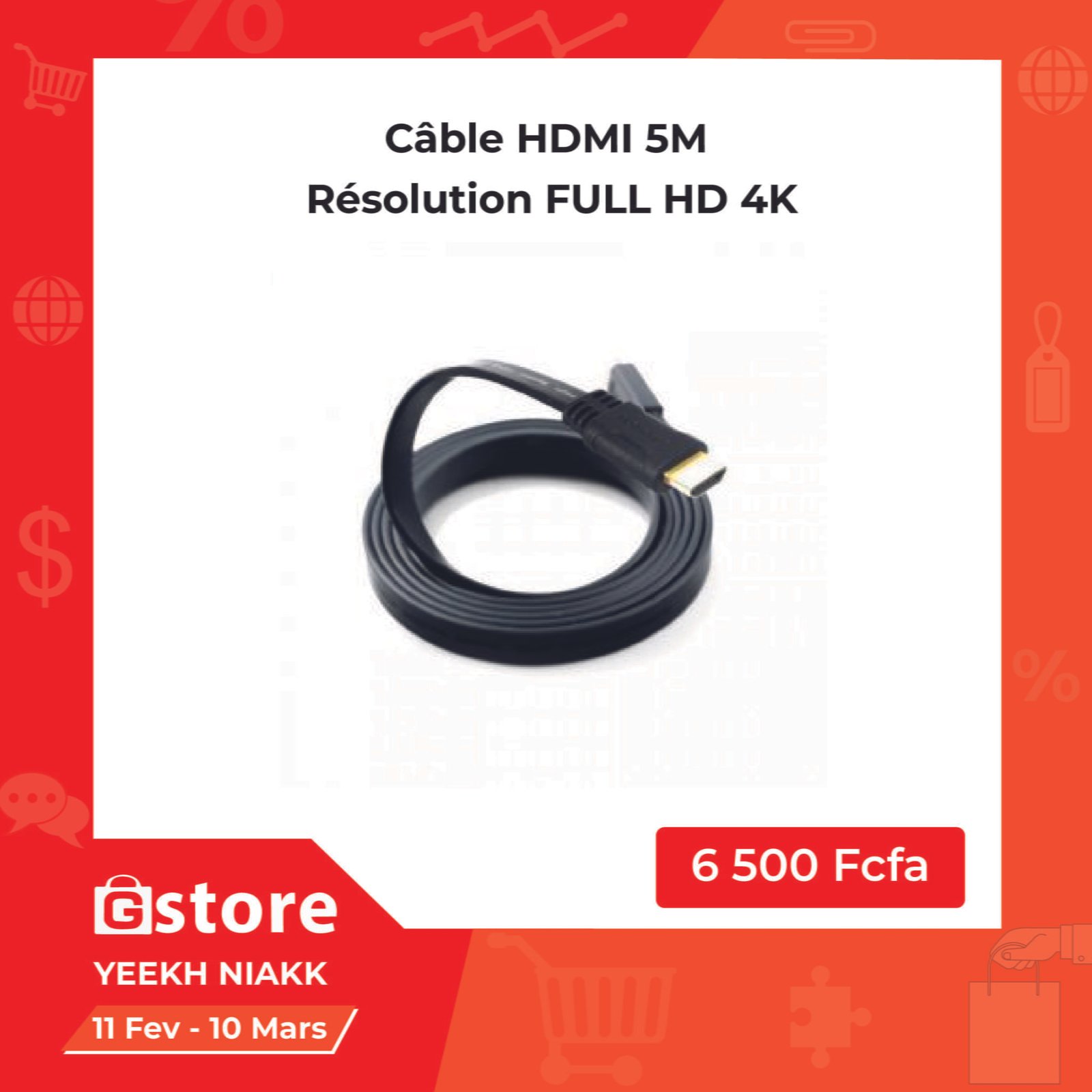 Câble HDMI 5M Résolution FULL HD 4K